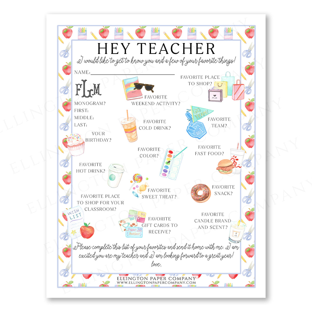Printable "Hey Teacher" Wishlist, School Days Pattern - Snack Option ...