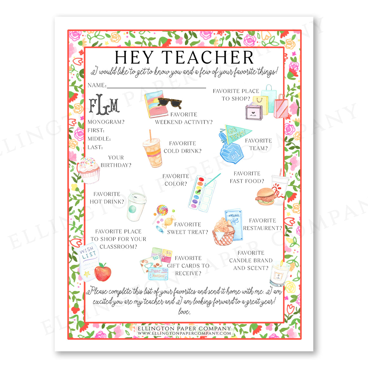 Printable "Hey Teacher" Wishlist, Floral - Restaurant Option - Digital ...